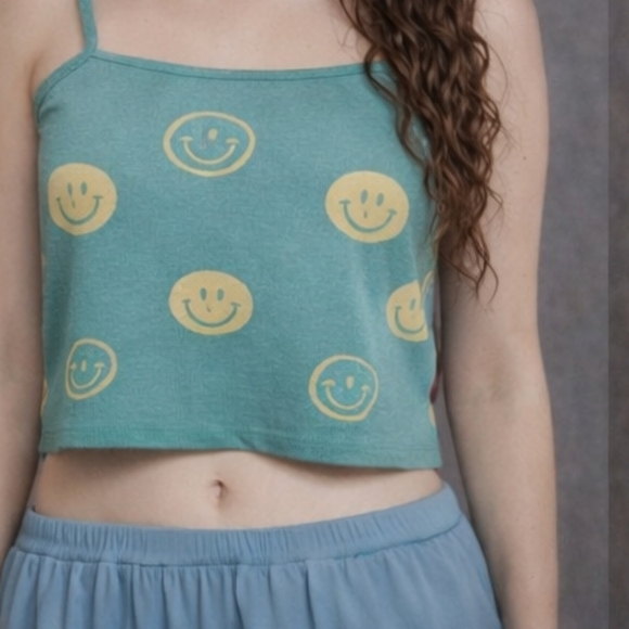 Akaiv | Tops | Smiley Face Print Crop Top Teal And Yellow | Poshmark